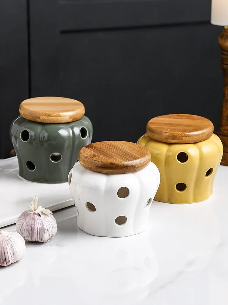 Ceramic Storage Jars With Wooden Lids Trio on Luulla
